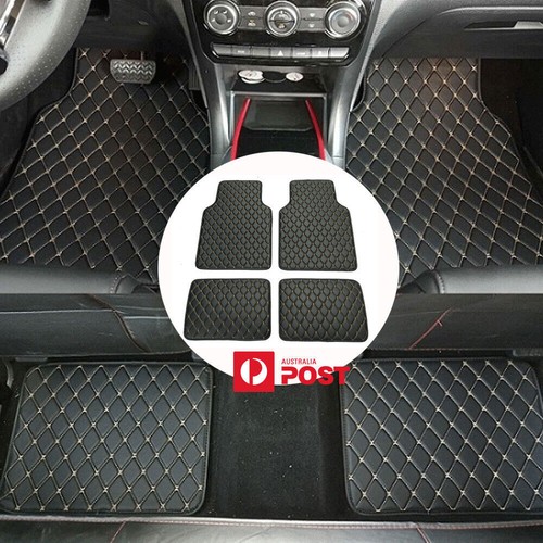4pcs Black PU Leather Auto Floor Mat Protect Pad Beige Line 5-Seat Car ...