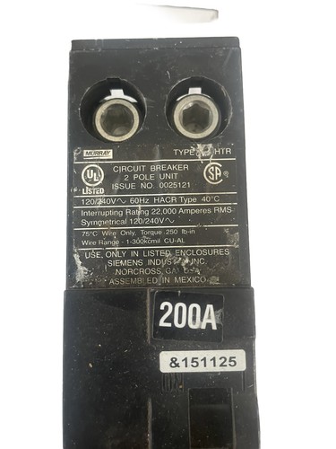 MURRAY 200 AMP MD-HTR CIRCUIT BREAKER 2 POLE 240/120 VAC 22kA MPD2200RH ...