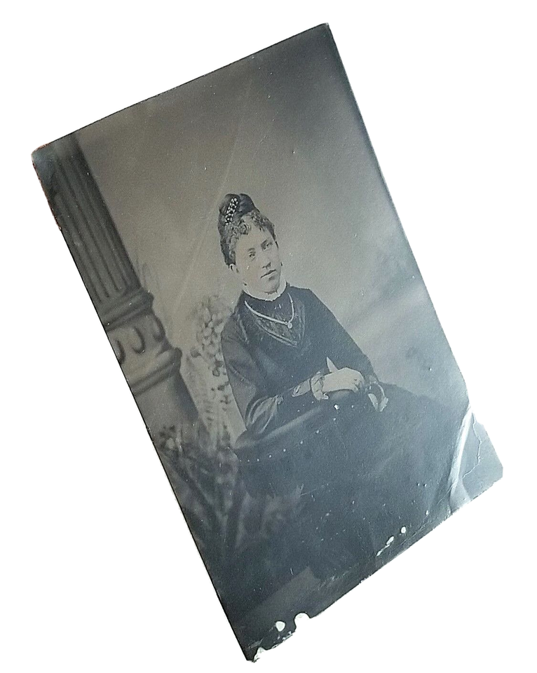 Tintype Photograph Finely Dressed Woman Painted Backdrop | eBay