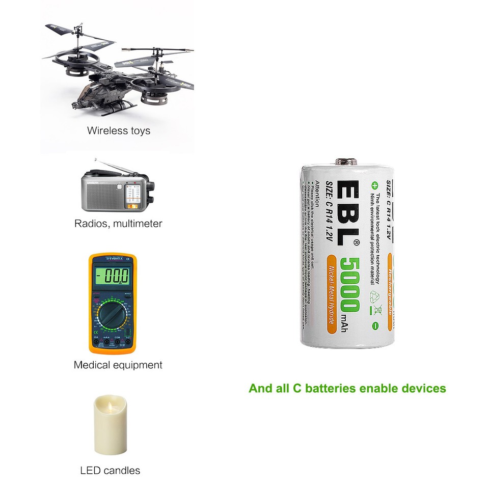 EBL C, D Size Rechargeable Batteries 1.2V NIMH / C, D Battery Charger ...