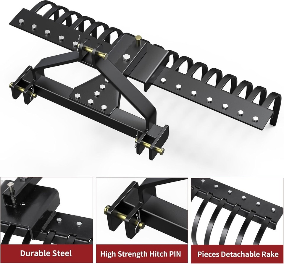 50" 3 Pt Landscape Rake Replaceable Steel Tines Adjustable for CAT-0 ...