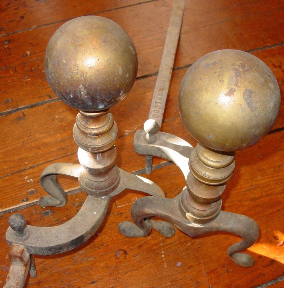 Vintage Andirons Big Cannon Ball Brass Fireplace Iron Log Holders Dogs ...