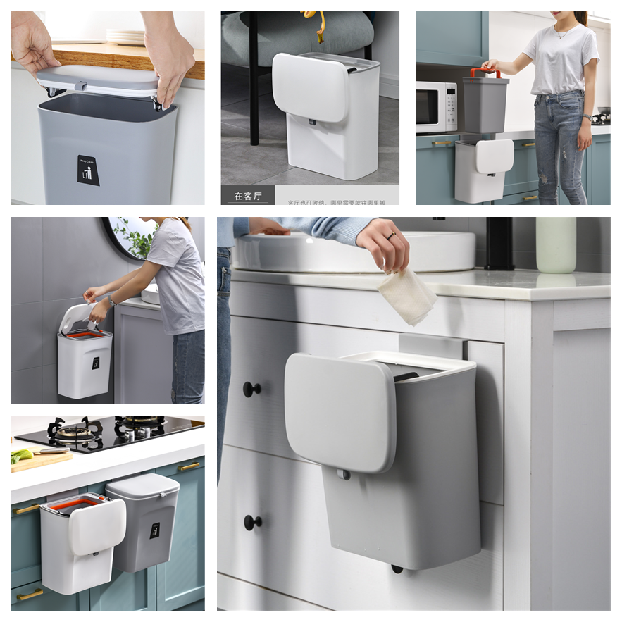 9L Wall Waste Bin Handle Inner Kitchen Cabinet Hanging Trash Can With ...