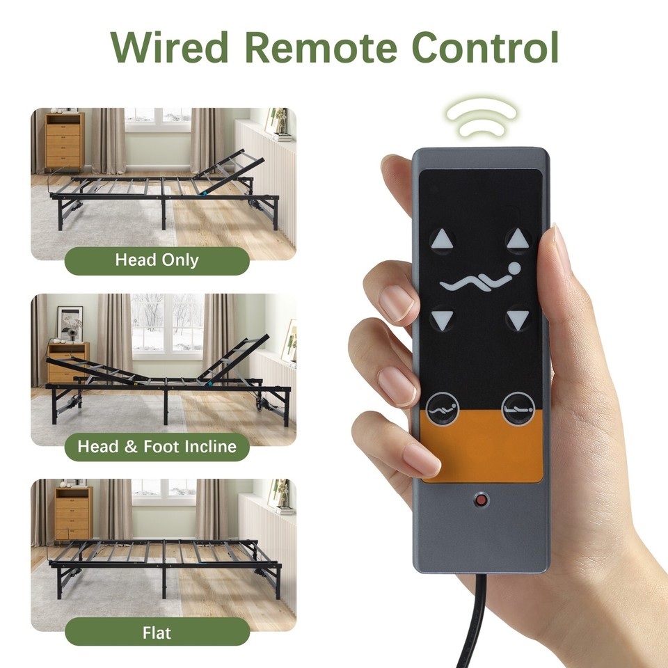 Electric Adjustable Bed Frame Head & Foot Incline Bed Base Wired Remote ...