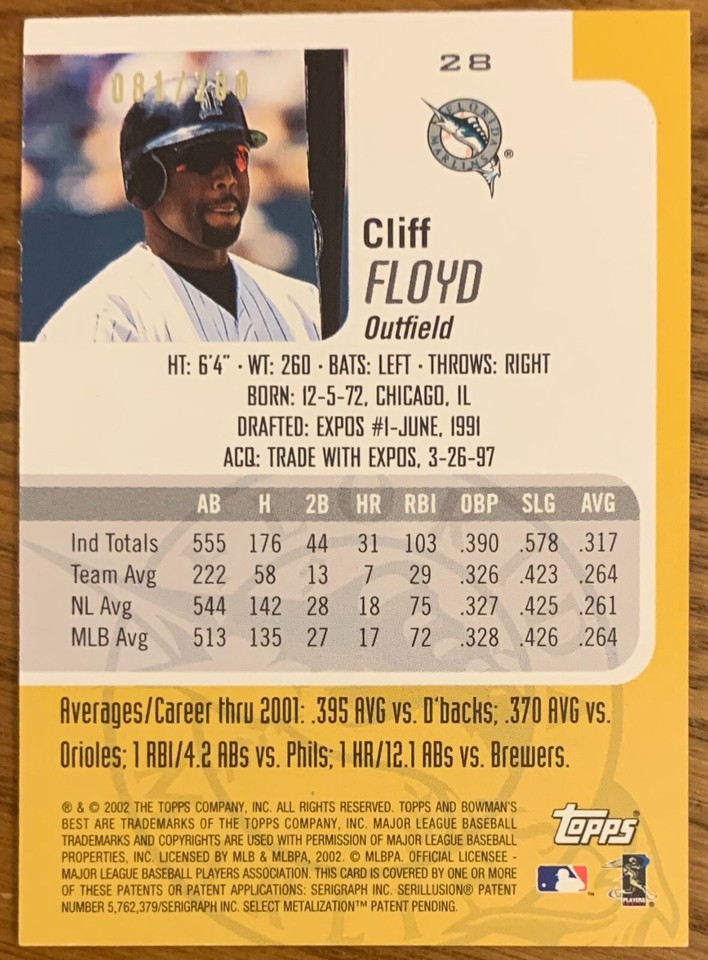 CLIFF FLOYD, 2002 BOWMAN'S BEST "RED" CARD, 81/200 | eBay