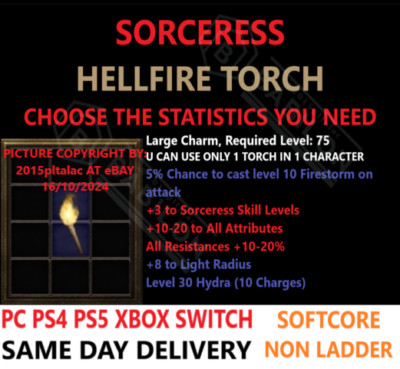 PC PS4 PS5 XBOX SWITCH NON-LADDER Sorceress Torch Sorc Diablo 2 ...