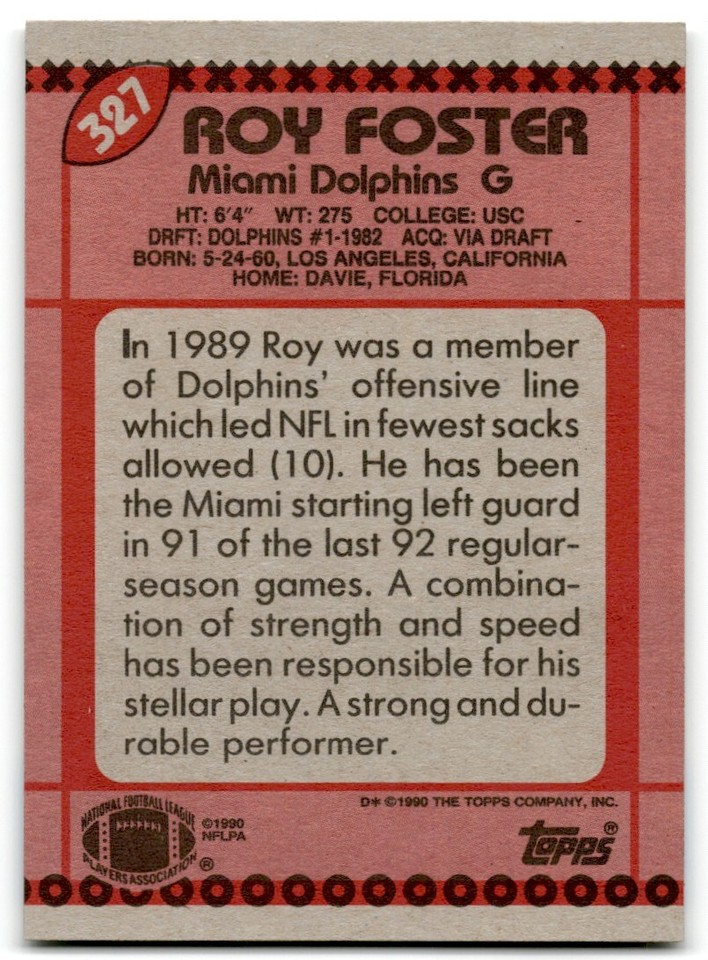1990 Topps Roy Foster Miami Dolphins #327 | eBay