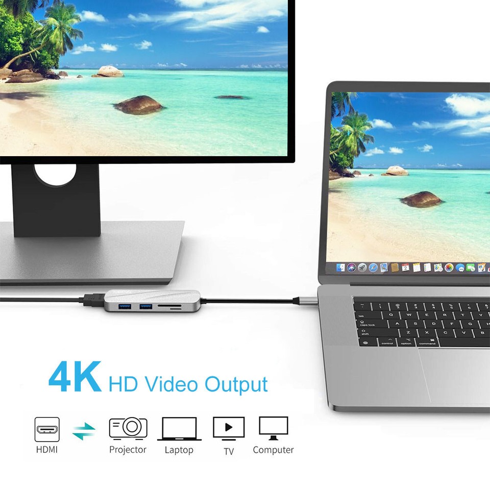 High Speed 6 In 1 Adapter HDMI USB 3.0 PD Charger 65W Data Transit up ...