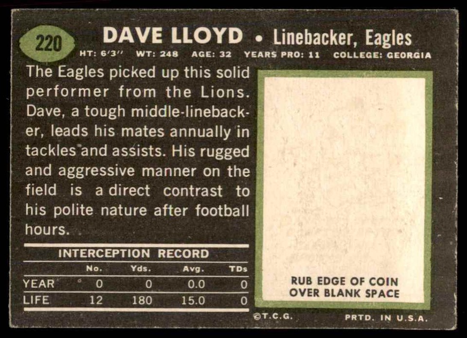 1969 Topps Dave lloyd Philadelphia Eagles #228 | eBay
