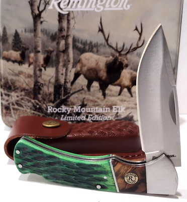 Remington Buck Elk Tin Green Jigged Bone Lockback Hunting Pocket Knife ...