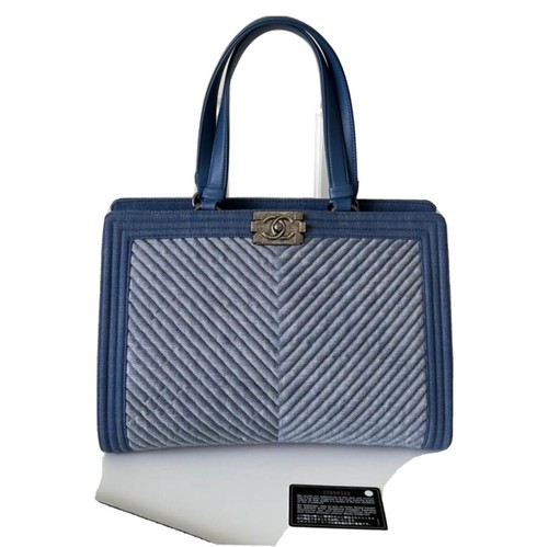 Chanel Le Boy Tote Leather Chevron Quilted Denim Blue | eBay