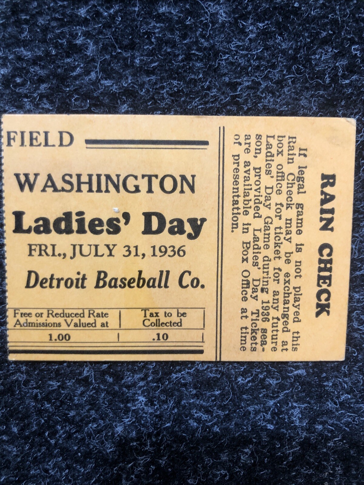 VTG 7/31/1936 DETROIT TIGER V WASHINGTON TICKET STUB-NAVIN FIELD-LADIES ...