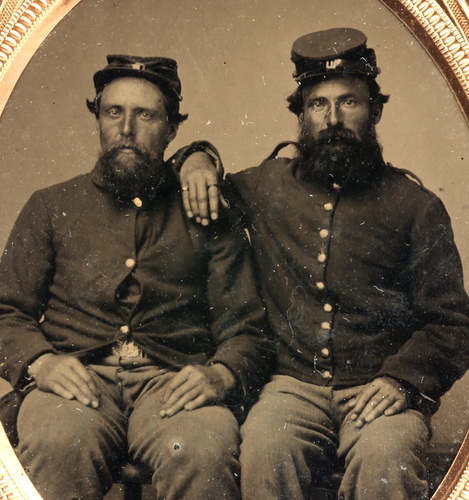 TINTYPE of 2 CIVIL WAR SOLDIERS in UNIFORM SITTING TOGETHER COZY ...