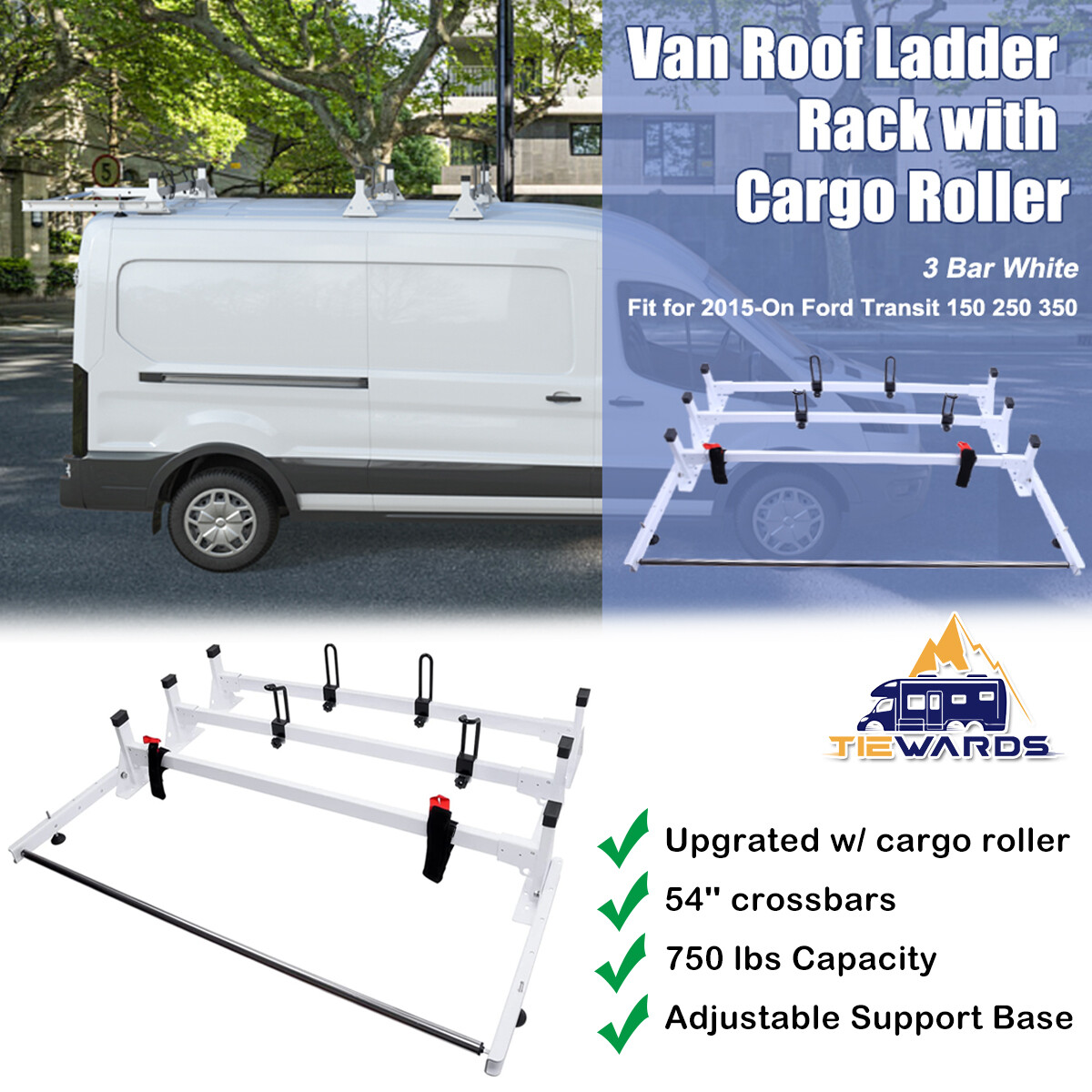 3 Bar Ladder Roof Racks For 2015+ Ford Transit 150 250 350 Van 750 LBS ...