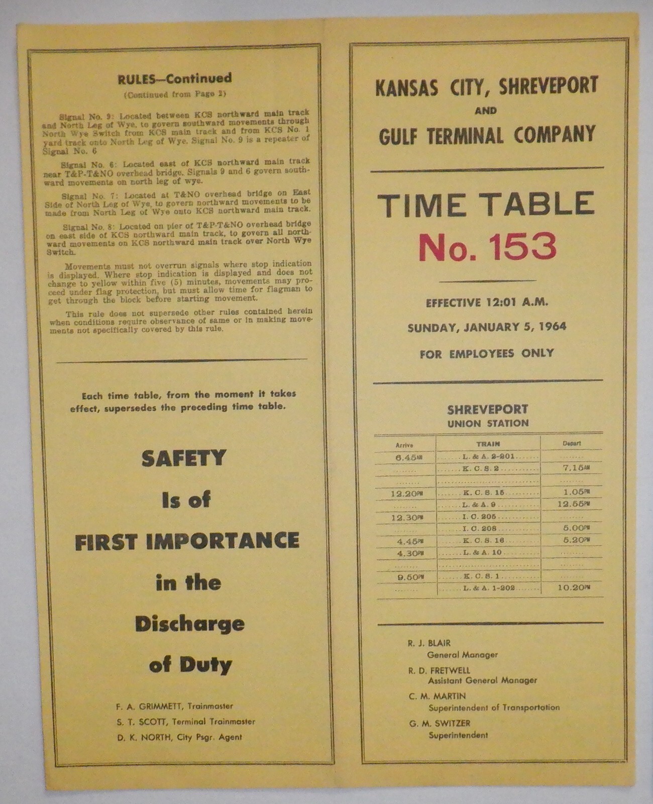 Kansas City Southern, Shreveport & Gulf Terminal 1964 Employees ...
