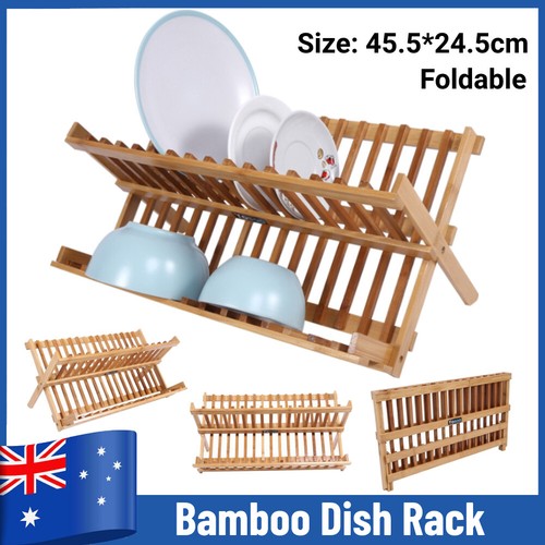2 Tiers Bamboo Foldable Dish Drying Rack Plate Cup Drainer Tray Cutlery ...