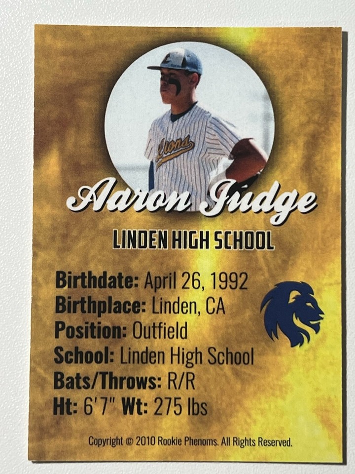 Aaron Judge Linden High School 2010 Rookie Gold Rookie Phenoms Card | eBay