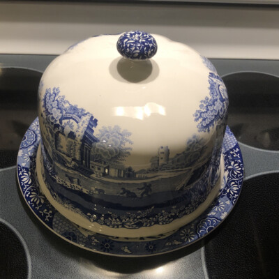 Large Vintage Spode Blue Italian Covered Cake / Cheese Dish Dome & 11 ...