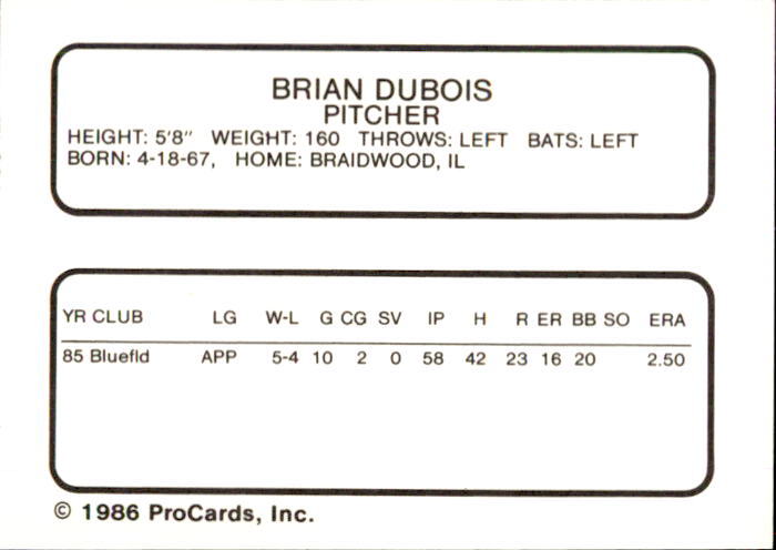 1986 Hagerstown Suns ProCards 5 Brian DuBois Braidwood Illinois IL ...