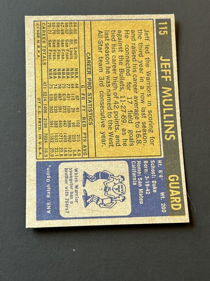 1971-72 Topps Basketball #115 Jeff Mullins EX San Francisco Warriors ...