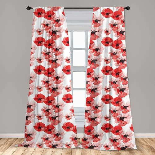 Floral Window Curtains, Poppies Retro 28"W x 84"L (Pack of 2) White ...