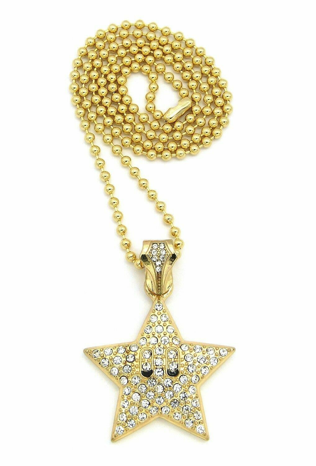 Hip Hop Iced Mario Star Cubic Zirconia Pendant & 24" Ball Chain Bling ...