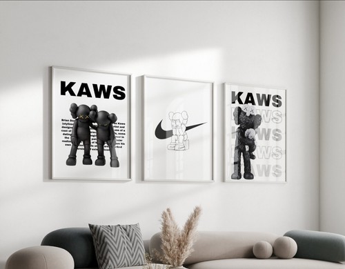 Set of 3 Black and white Kaws Art pieces canvas wall art home decor | eBay