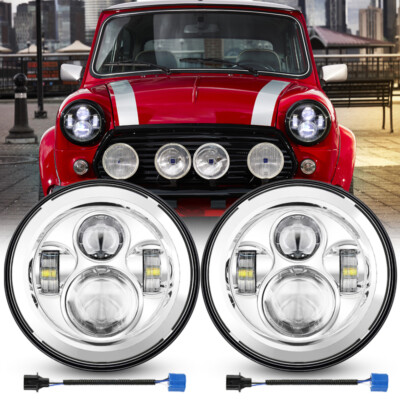 Pair 7 inch Round Chrome LED Headlights Hi/Lo Beam for Classic Mini ...