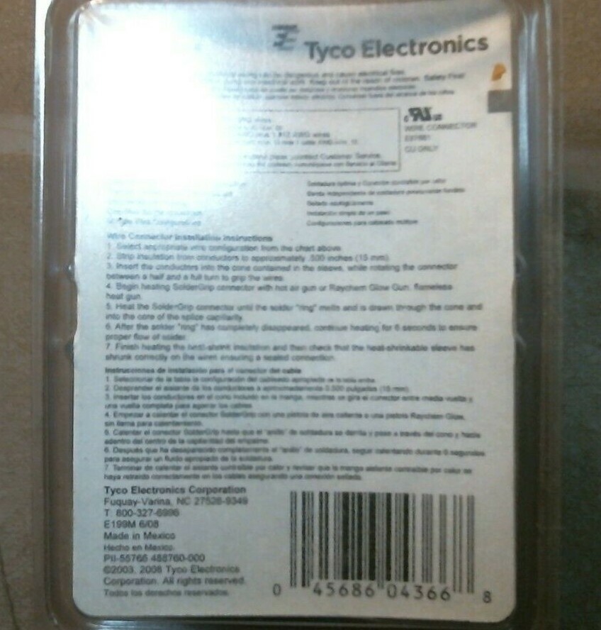 Tyco Electronics 20-12 Raychem Solder Grip Heat Shrink Wire Connectors ...