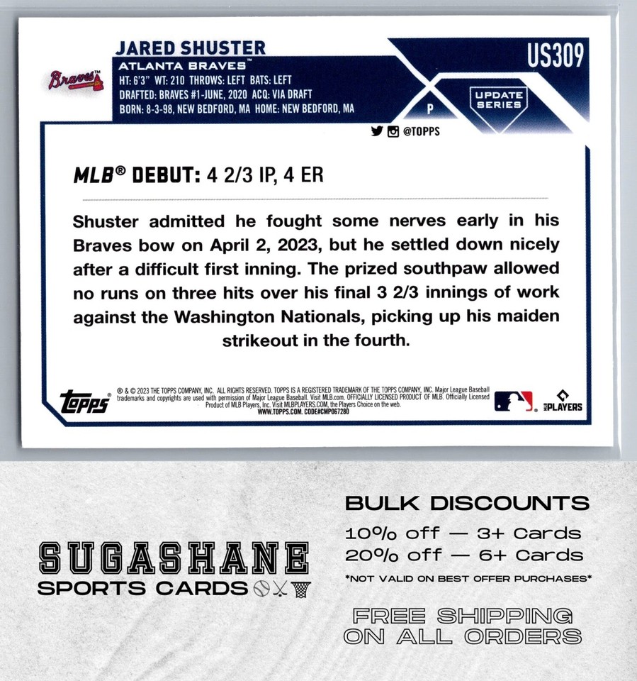 2023 Topps Update US309 Jared Shuster RC Braves Baseball Card | eBay