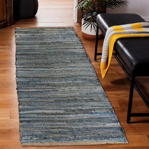 Farmhouse Rag Rug Runner 2x5 feet Denim Blue | Cotton & Jute Hand Woven ...