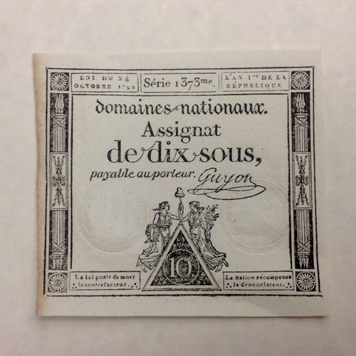 ~1792 France Assignat 10 Sous UNC French Revolution Banknote - FREE US ...