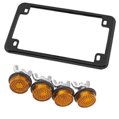 Black Motorcycle License Plate Frame & 4 Amber Mini Reflectors Kit Fits ...