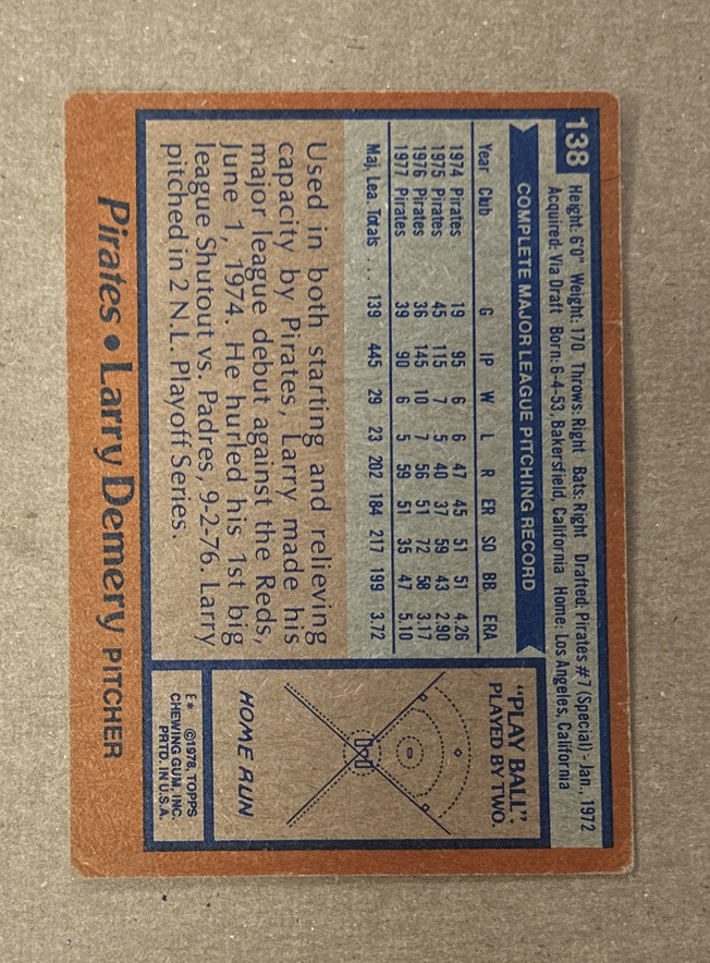 1978 Topps Baseball Larry Demery Pittsburgh Pirates Card #138 | eBay
