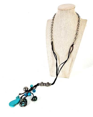 Erika Lyons Boho Blue Beads Faux Leather Silver Tone Chain Necklace 28 ...