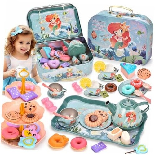 52Pcs Mermaid Tea Party Set for Little Girls, Pretend Tin Mermaid Tin ...