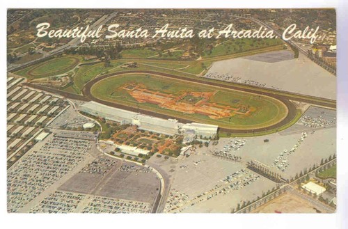 AERIAL VIEW SANTA ANITA,INFIELD, CLUBHOUSE, BARNS THOROUGHBRED ...
