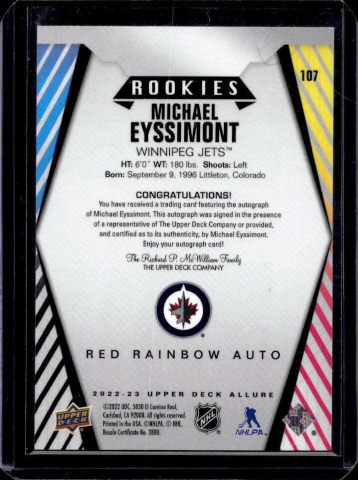 2022-23 UD Allure Michael Eyssimont Red Rainbow Rookie Auto #107 ...