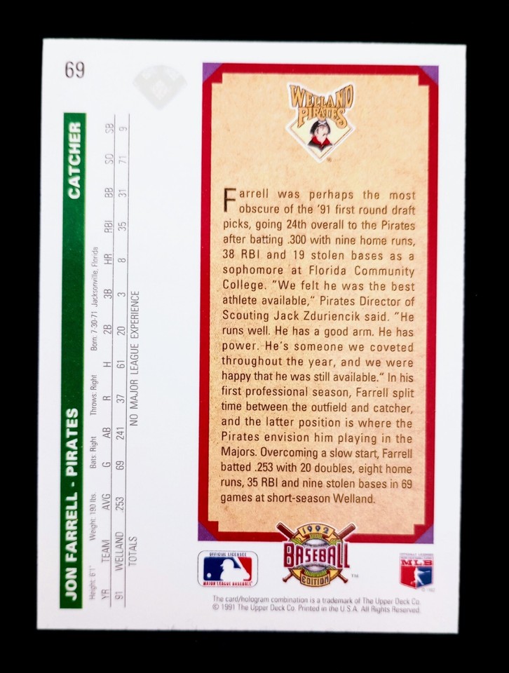1992 UPPER DECK WELLAND PIRATES JON FARRELL MLB BASEBALL CARD 69 | eBay