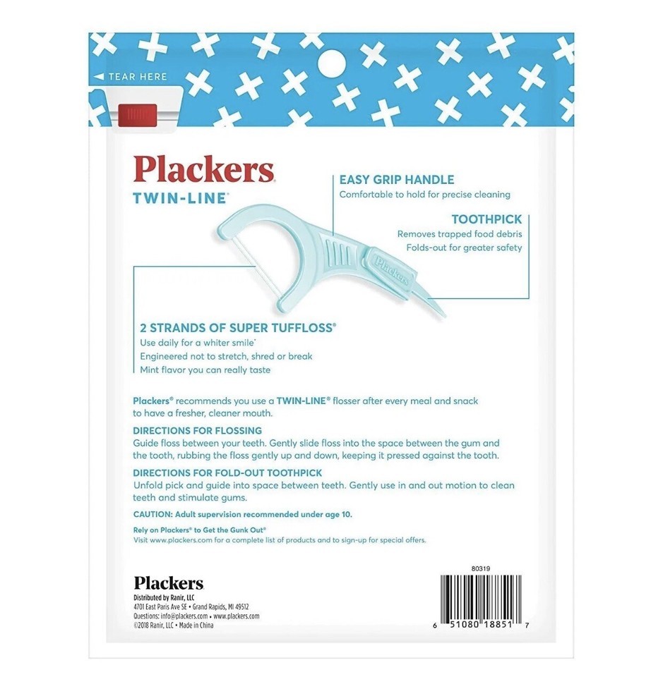 300 Count Cool Mint Plackers Twin-Line Dental Floss Tooth Picks Oral ...