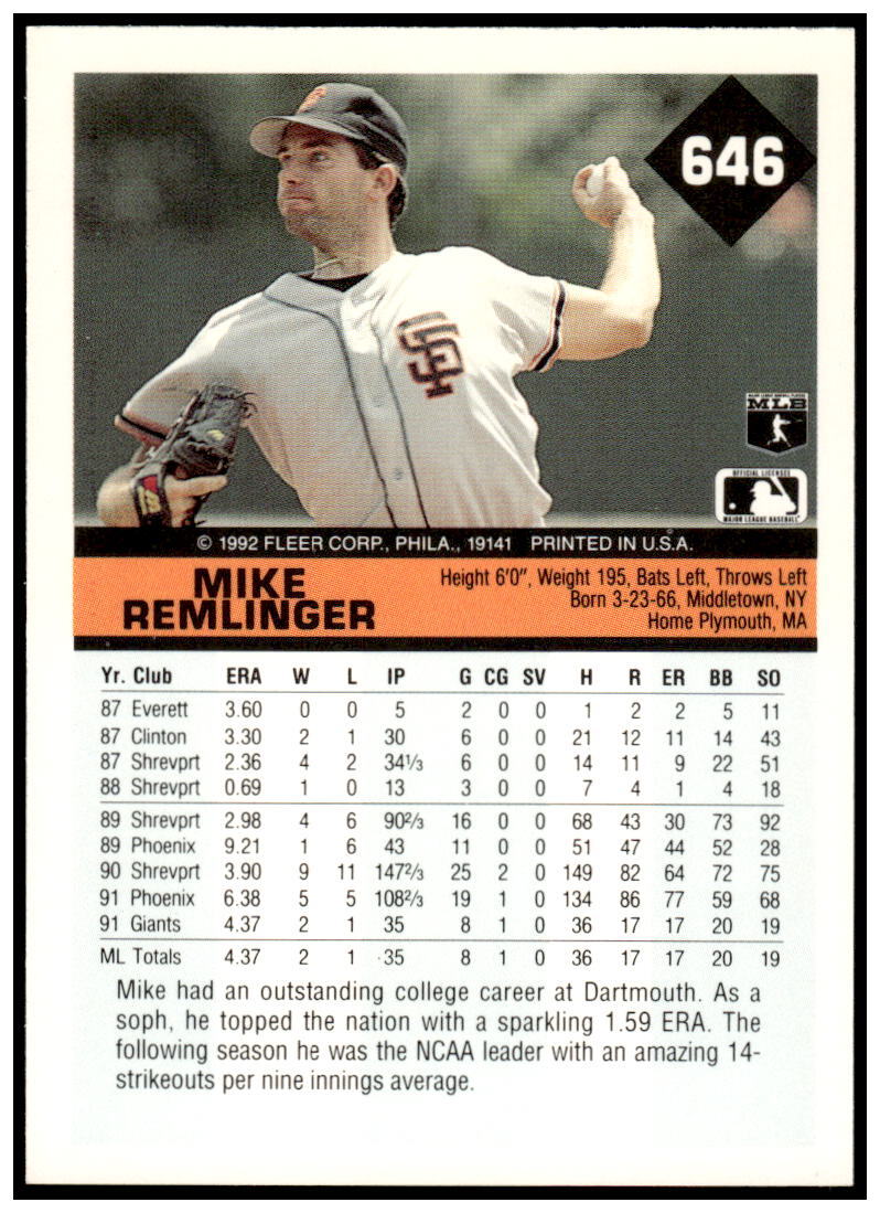 1992 Fleer - #646 Mike Remlinger for sale online | eBay