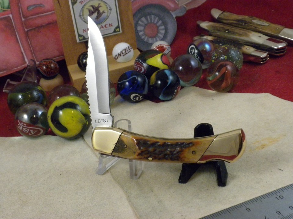 CUSTOM SCHRADE LB7 ST FOLDING HUNTER KNIFE NO BOX STAG NEAR MINT FILE ...