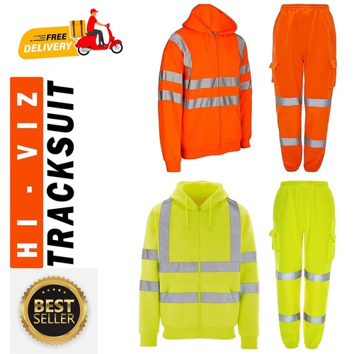 Mens Hi Vis Tracksuit Set High Visibility Full Zip Hoodie Jacket ...