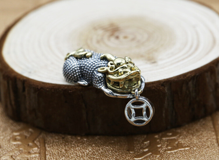 S925 Silver PIXIU Pendant GOLD ACCENTS Feng Shui Wealth Amulet Two-Tone ...