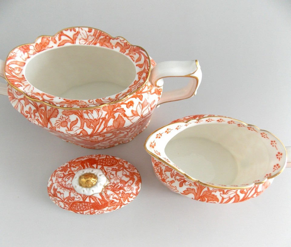 ROYAL CROWN DERBY "RED PEACOCK" TEAPOT, SUGAR, CREAMER SET VINE ...