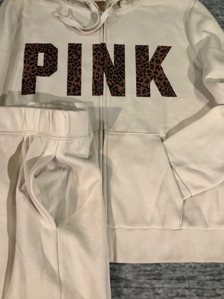 Victoria's Secret Pink Leopard Full Zip Hoodie + Pants Set Vanilla Bean ...