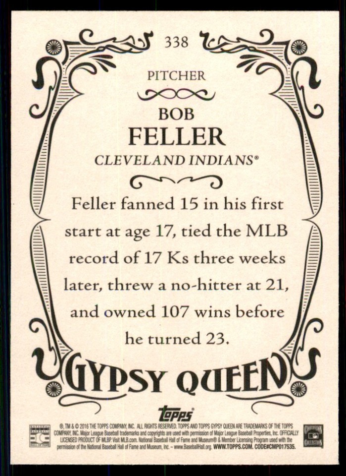 2016 Topps Gypsy Queen Bob Feller Cleveland Indians #338 MLB Baseball ...