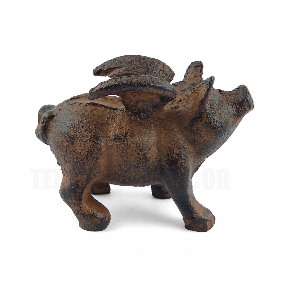 Cast Iron Flying Pig Figurine Rustic Statue Paperweight Garden Decor ...
