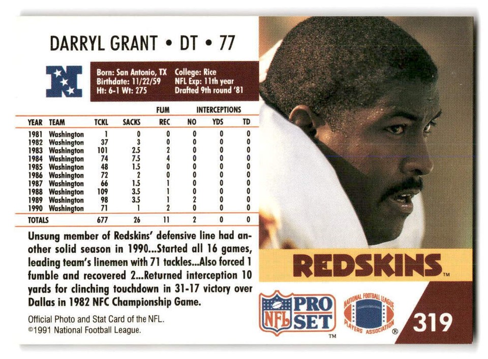 Darryl Grant 1991 Pro Set #319 Washington Redskins FOOTBALL | eBay