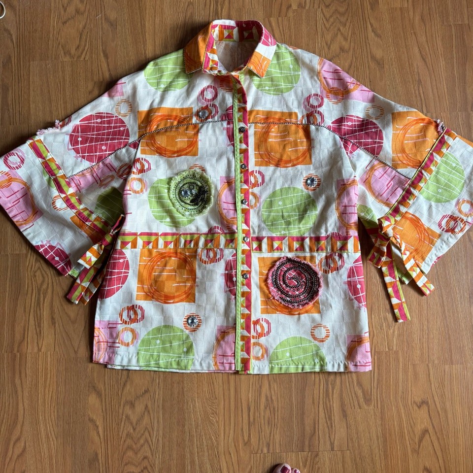 Boho Art to Wear Kimono Jacket Womens Size M/L Orange Pink Geometric ...